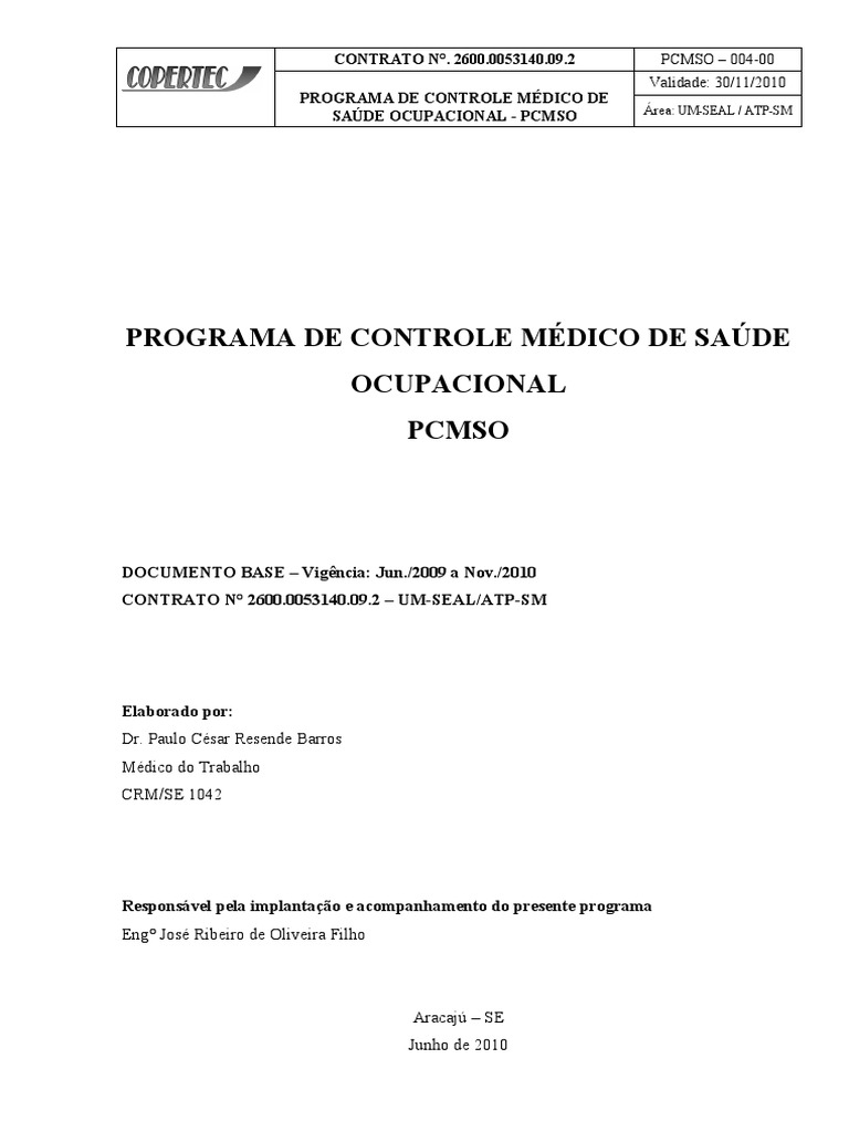 Pcmso Contrato N° 2600 0053140 09 2 Pdf Epidemiologia Remédio