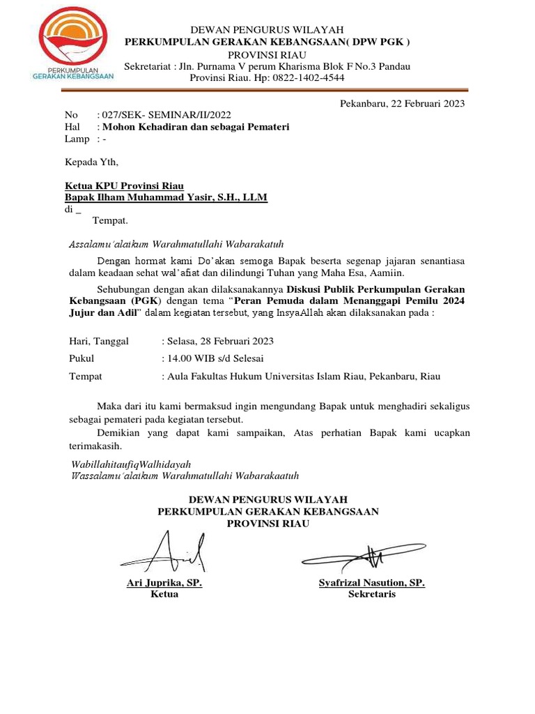 Surat Undangan Pemateri - Kpu Provinsi Riau | PDF