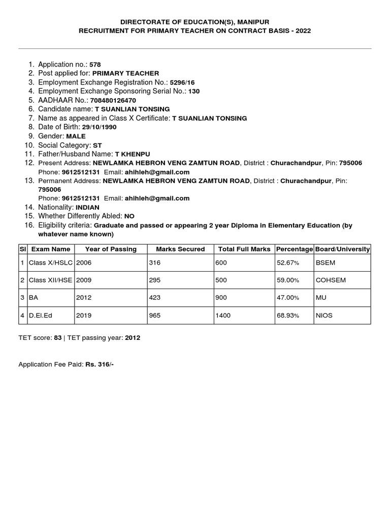 Manipur Primary Teacher Recruitment | PDF