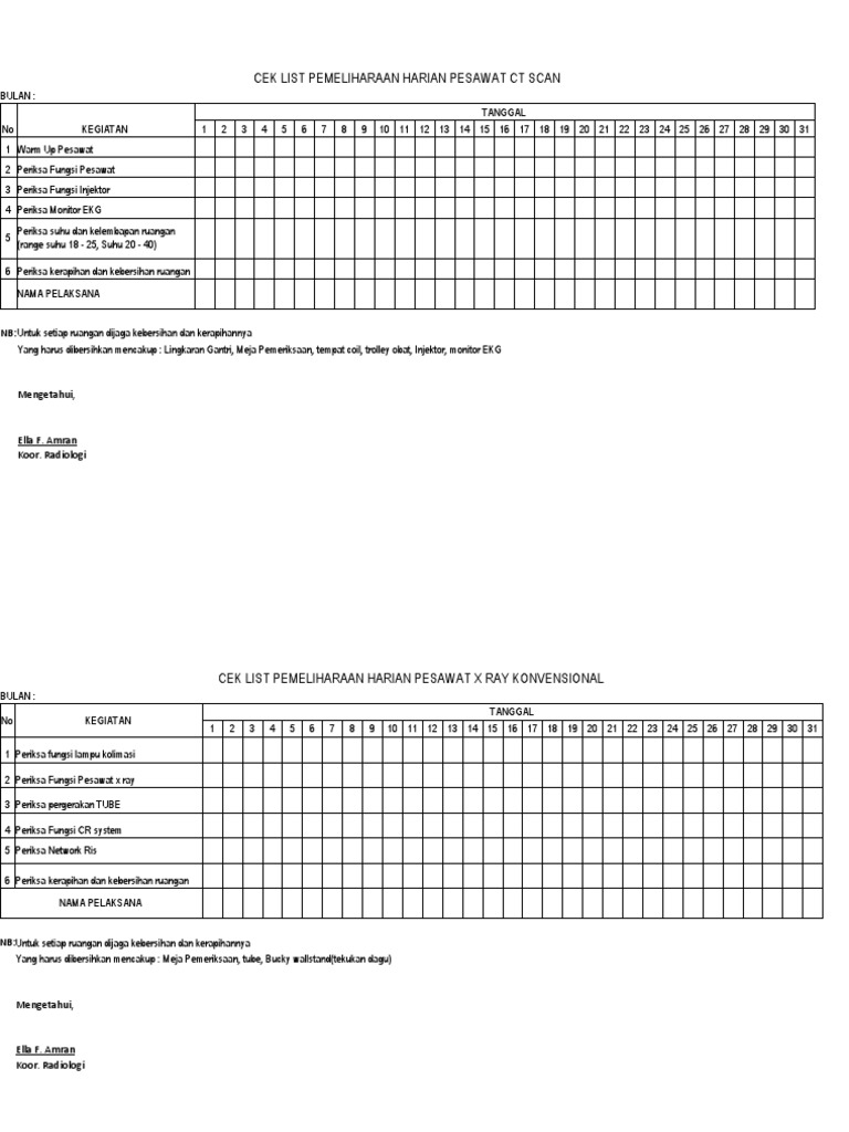 Cek List Pemeliharaan Harian Alat Radiologi | PDF