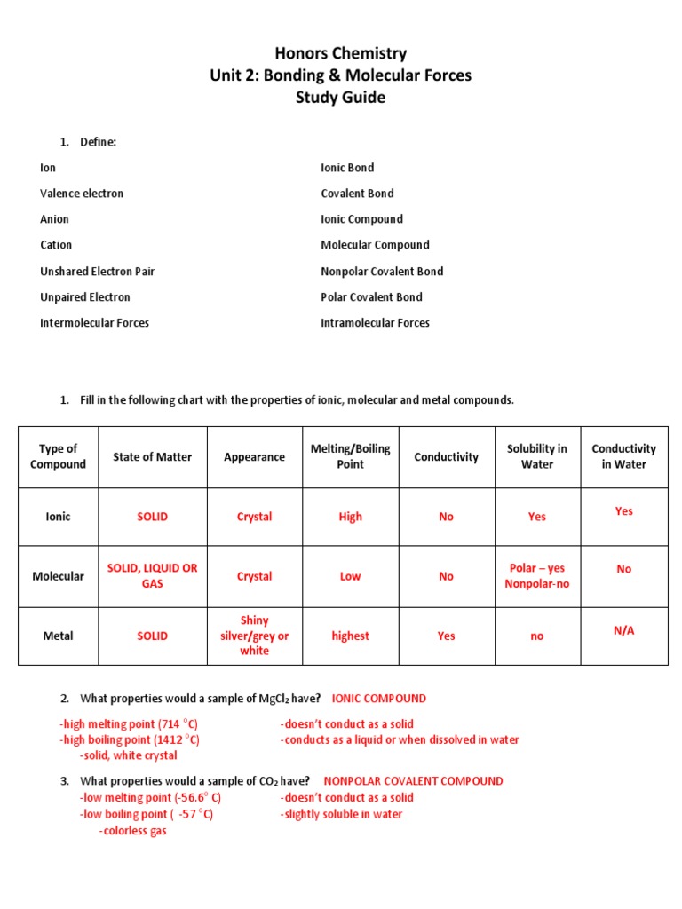 Chemistry Unit 2 Study Guide Answers | PDF | Chemical Bond | Chemical ...