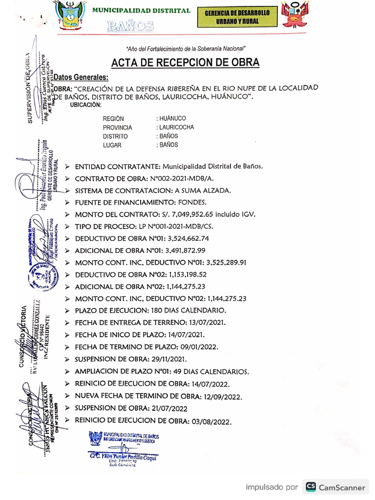 Acta de Recepcion de Obra PDF | PDF