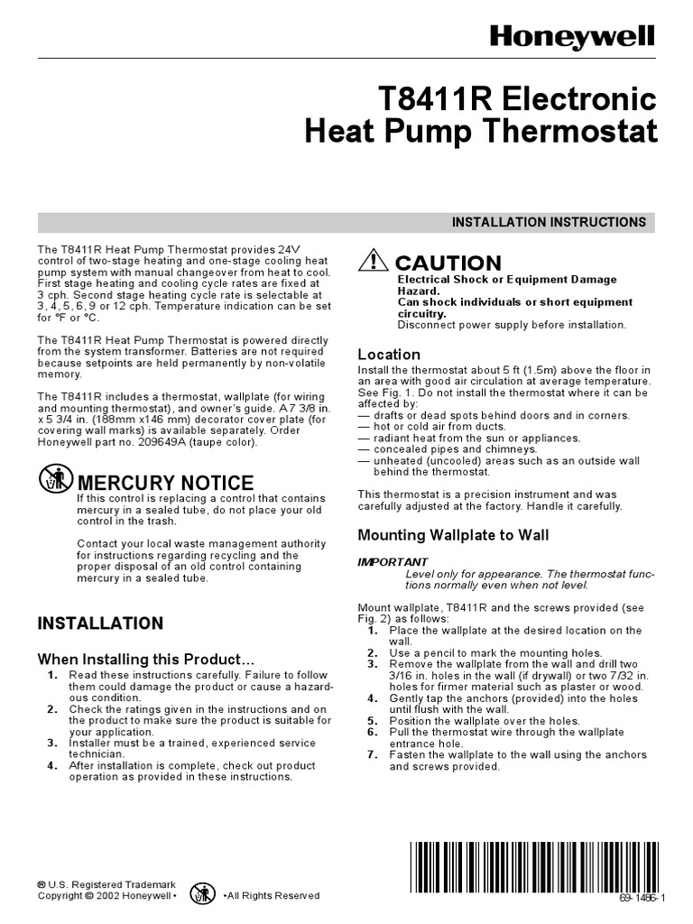 T8411R Electronic Heat Pump Thermostat: Caution | PDF | Thermostat ...