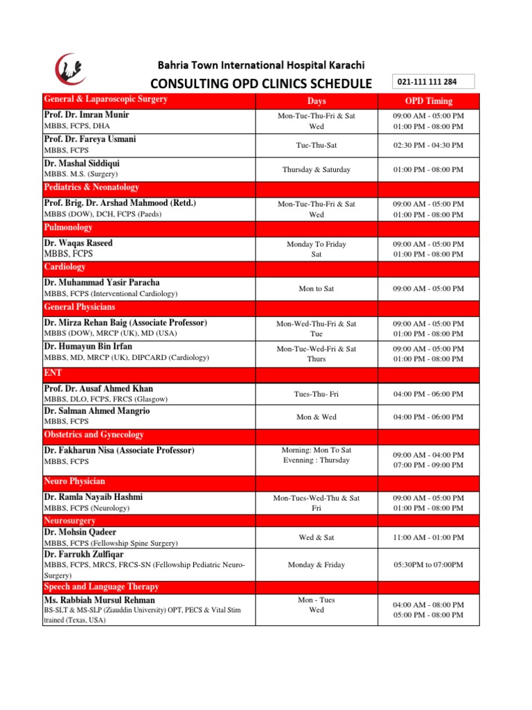OPD Schedule: Bahria Town Hospital | PDF | Self-Improvement | Science & Mathematics