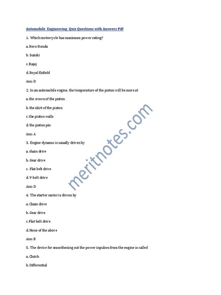 Automobile Engineering Quiz Questions Answers | PDF