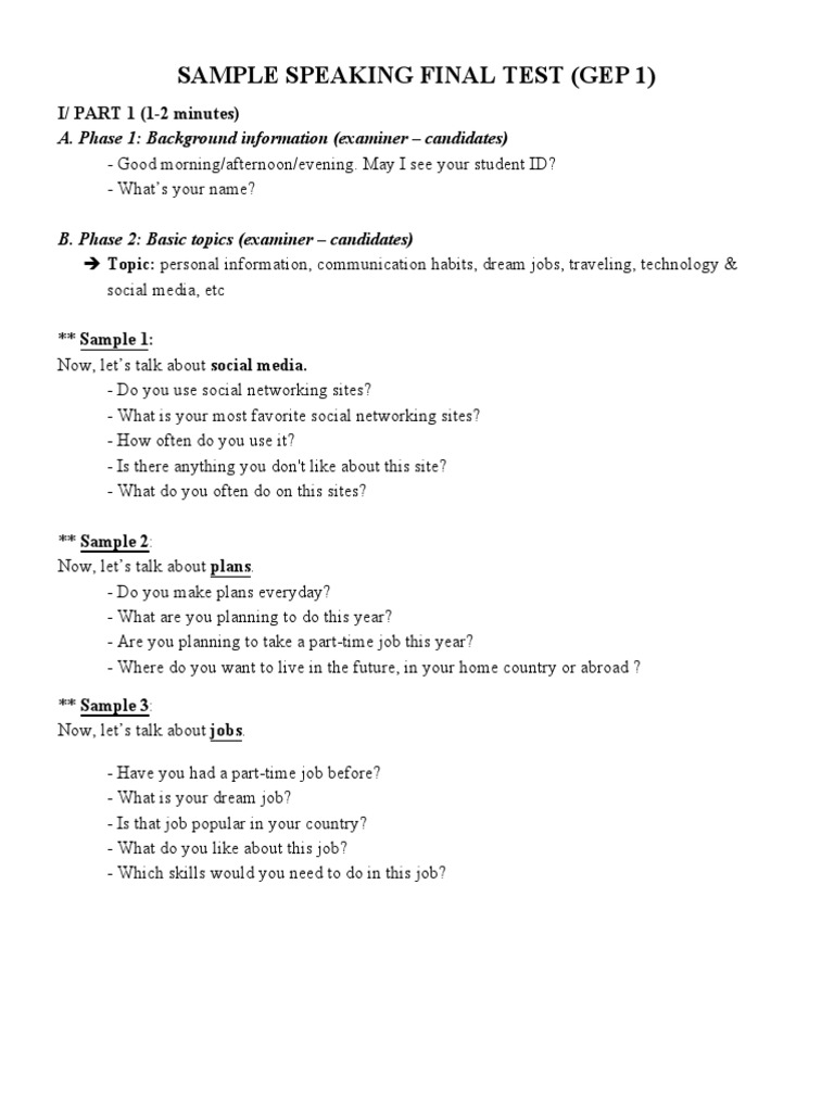 Sample Speaking Final Test | PDF