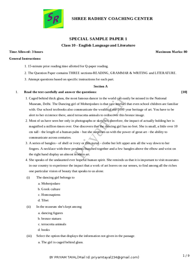 Class 10 English Sample Paper | PDF | Water Scarcity | Water