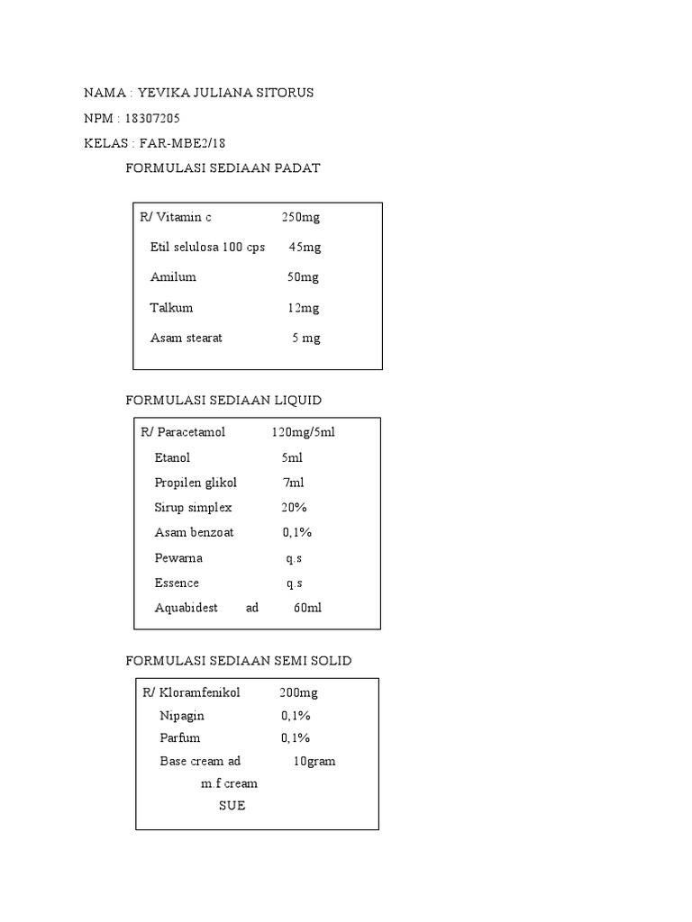 Formulasi Sediaan Padat, Liquid Dan Semi Solid Yevika Juliana | PDF