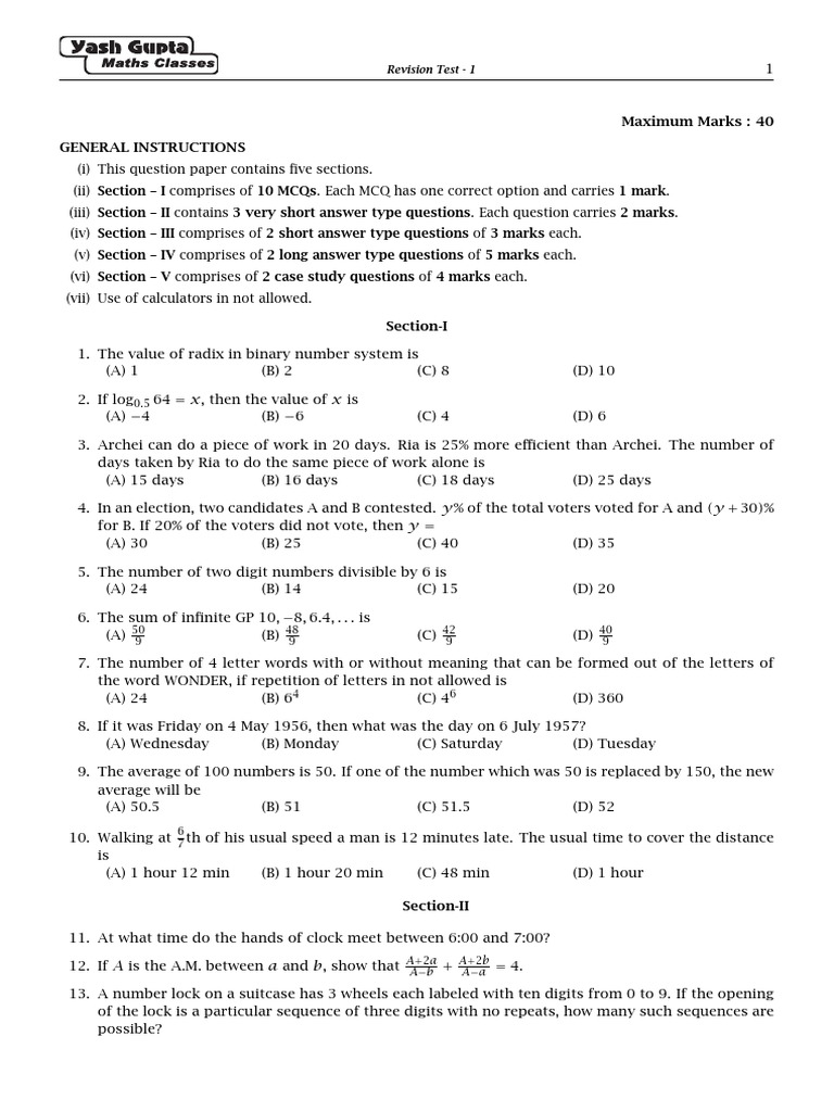 Class 9 Maths Revision Test Paper | PDF | Division (Mathematics ...