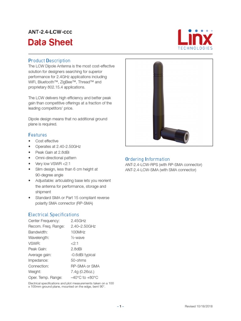 Ant 2.4 LCW CCC Data Sheet | PDF | Antenna (Radio) | Waves
