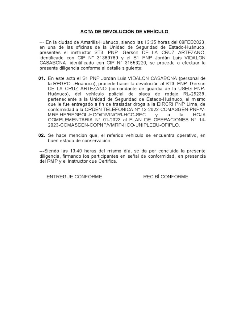 ACTA DE DEVOLUCIÓN DE VEHÍCULO | PDF