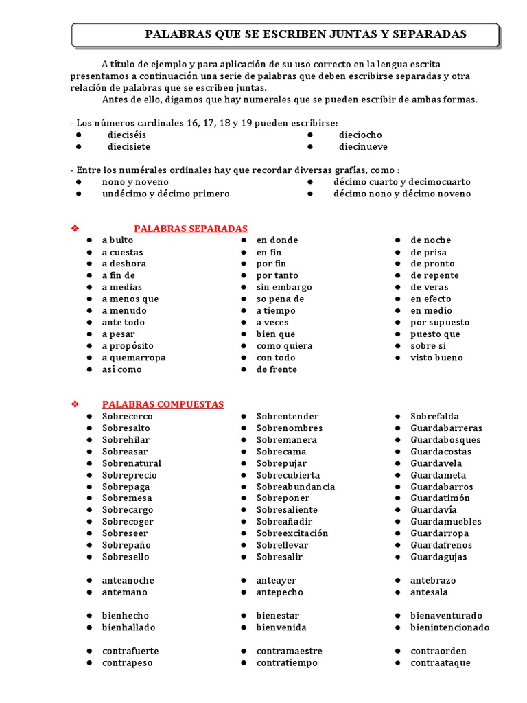 Palabras Juntas y Separadas: Ejemplos y Ejercicios | PDF