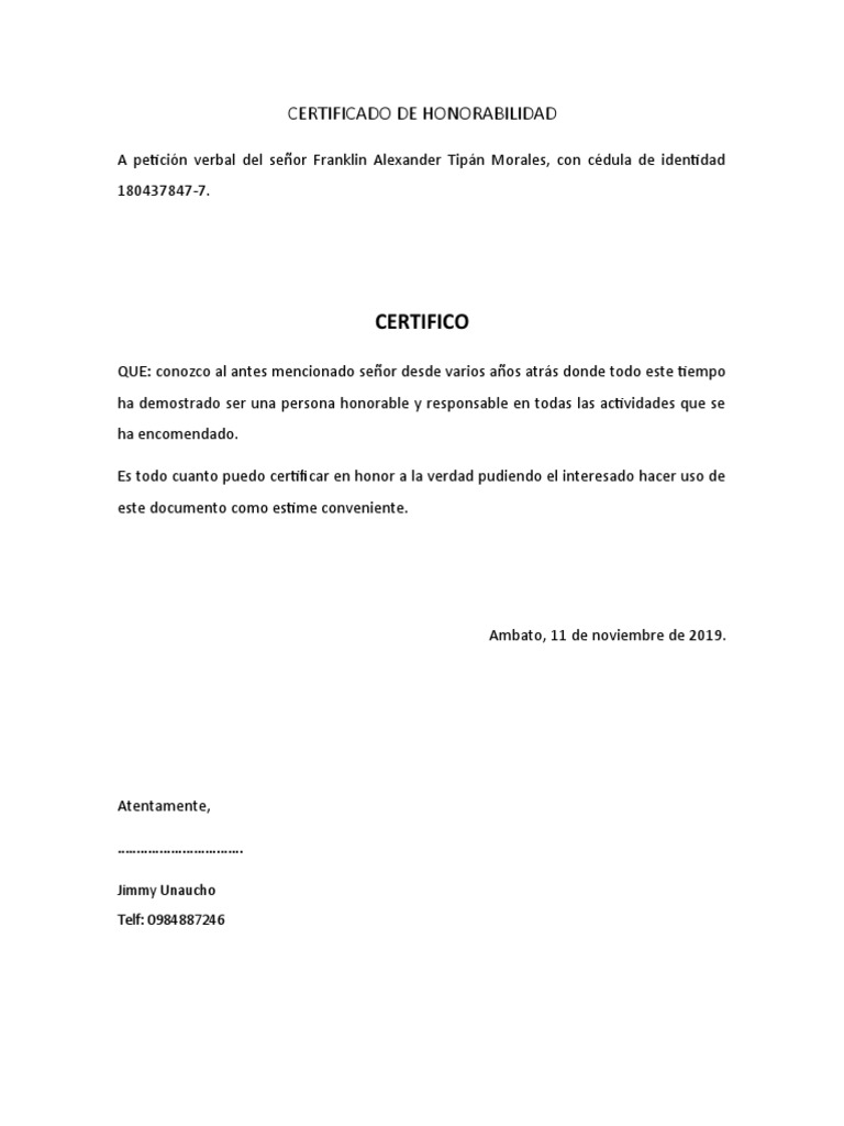 Formato Certificado de Honorabilidad | PDF