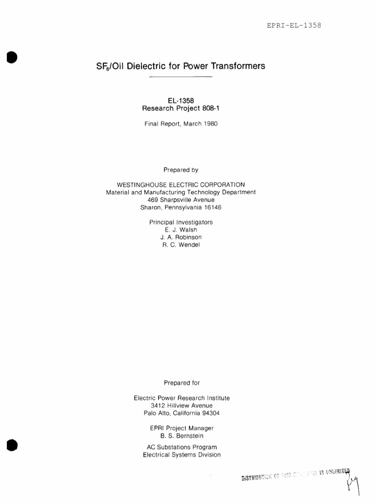 SF6/Oil Dielectric For Power Transformers: EL-1358 Research Project 808 ...
