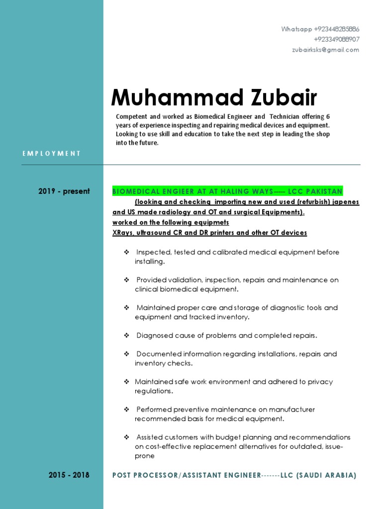 M Zubair CV | PDF | Medical Device | Biomedical Engineering