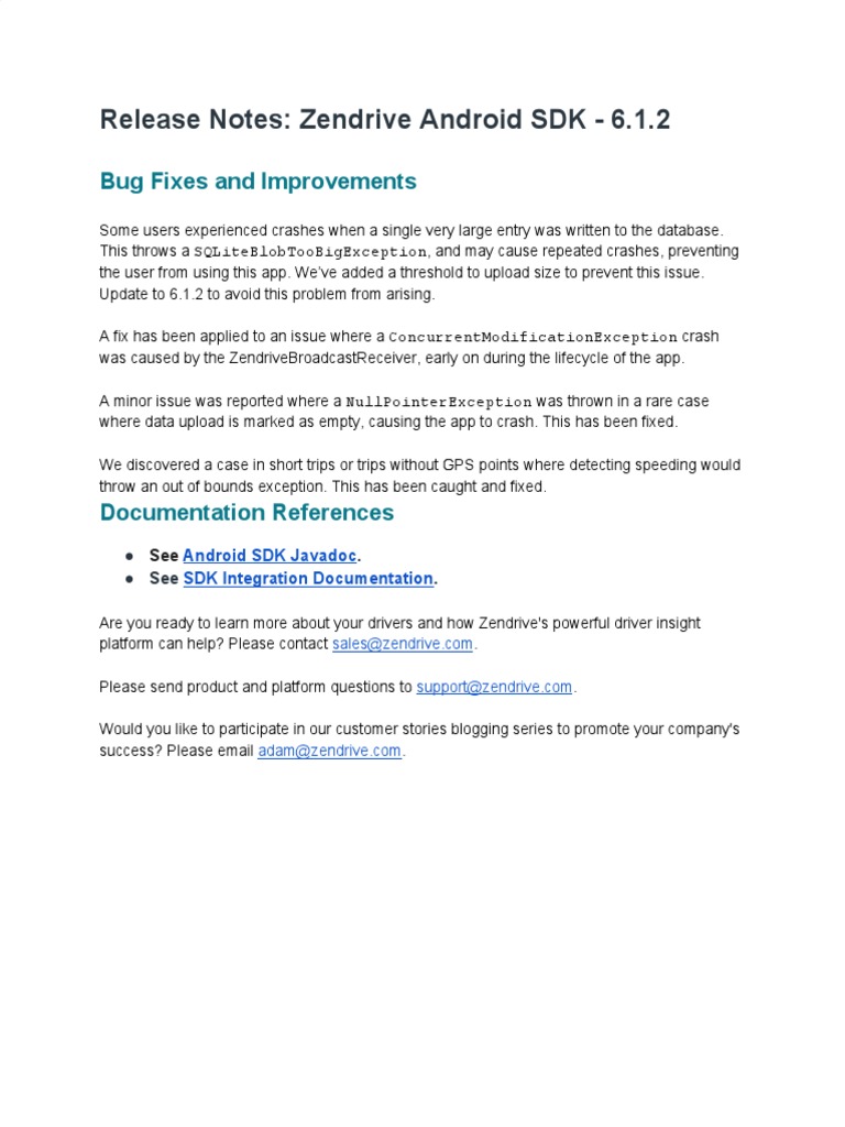 Zendrive SDK 6.1.2: Crash Fixes | PDF