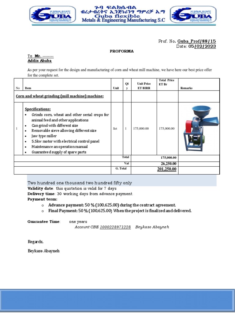 Proforma Invoice for the Design and Manufacturing of a Corn and Wheat ...