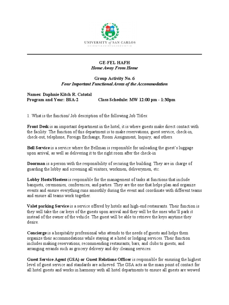 Activity 6 - Four Important Functional Areas of The Accommodation | PDF | Hotel | Hospitality ...