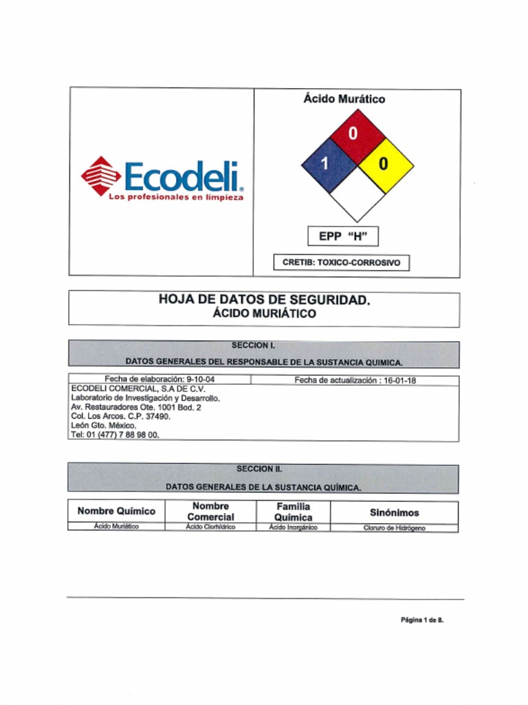 Hoja de Seguridad Ácido Muriático Ecodeli | PDF Hoja de Seguridad Ácido Muriático Ecodeli | PDF