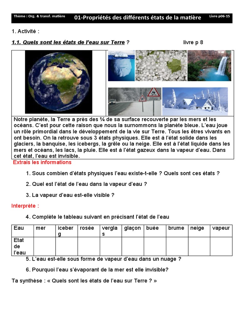 01-Propriétés Des Différents États de La Matière | PDF | Gaz | Eau