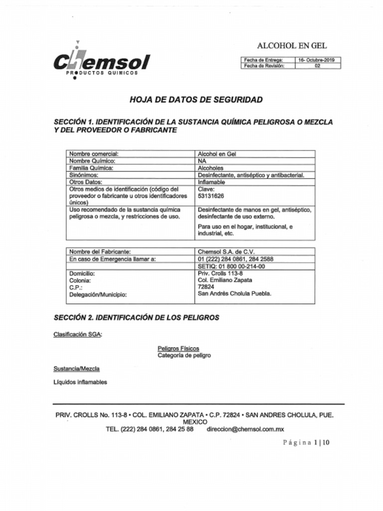 Hoja de Seguridad de Alcohol en Gel Chemsol | PDF