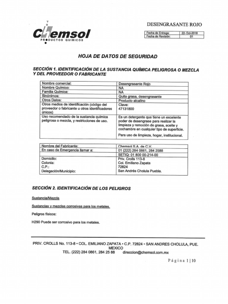 Hoja de Seguridad - Desengrasante Rojo Chemsol | PDF