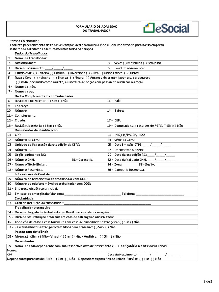Ficha Admissao Esocial | PDF | Brasil