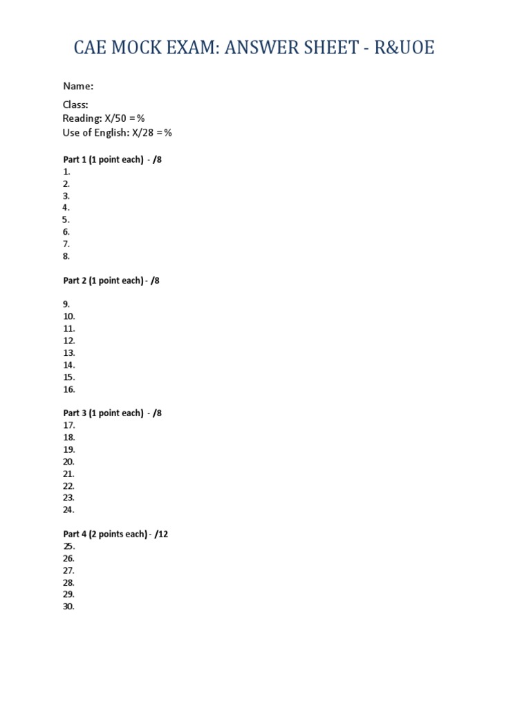Cae R&uoe Mock Exam Answer Sheet (2022) | PDF
