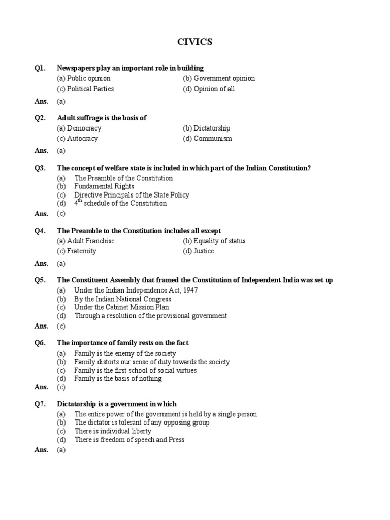 Ntse Civics Test 07 | PDF