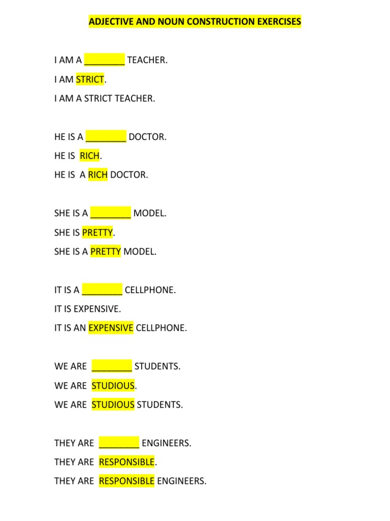 Adjective and Noun Construction Exercises | PDF