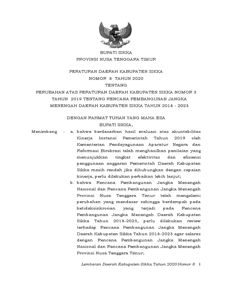 Perda 8 2020 RPJMD Kabupaten Sikka Dr. Kemenkumham | PDF
