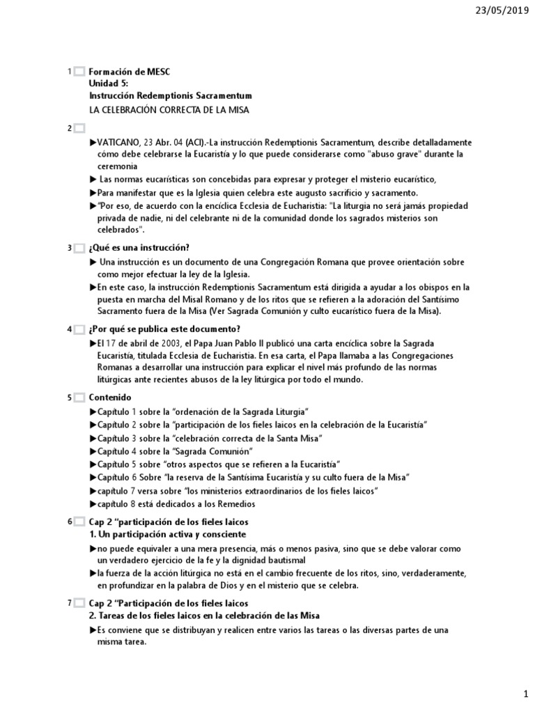 Esquema Cap 5 Redemtionis Sacramentum | PDF | eucaristía | Misa (liturgia)