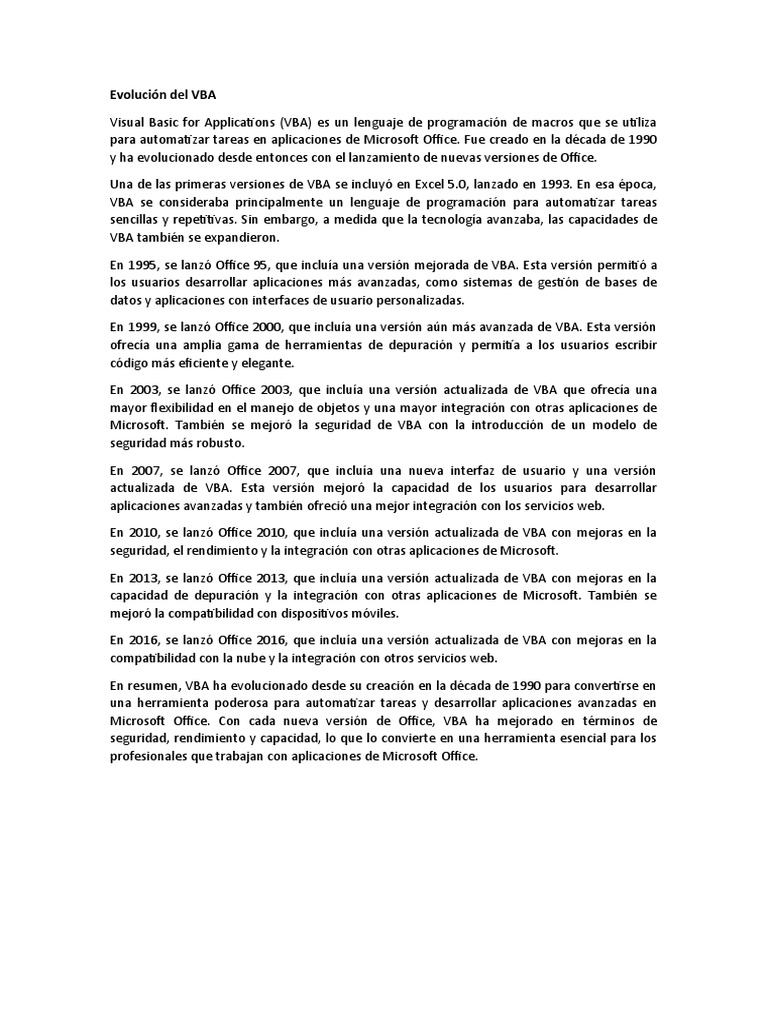 Evolución Del VBA | PDF | Visual Basic para Aplicaciones | Microsoft Office