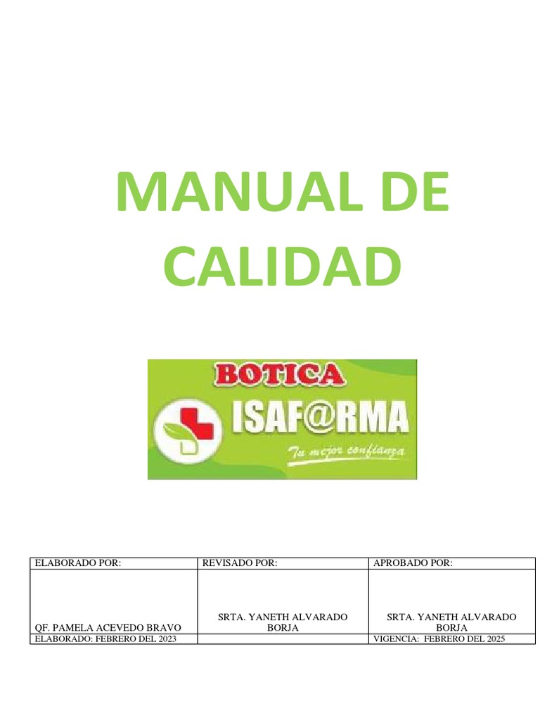 MANUAL DE CALIDAD - Bot. ISAFARMA | PDF | Calidad (comercial) | Sistema de manejo de calidad