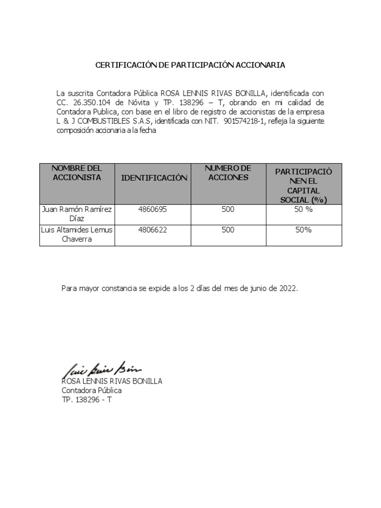 Certificacion Composicion Accionaria | PDF