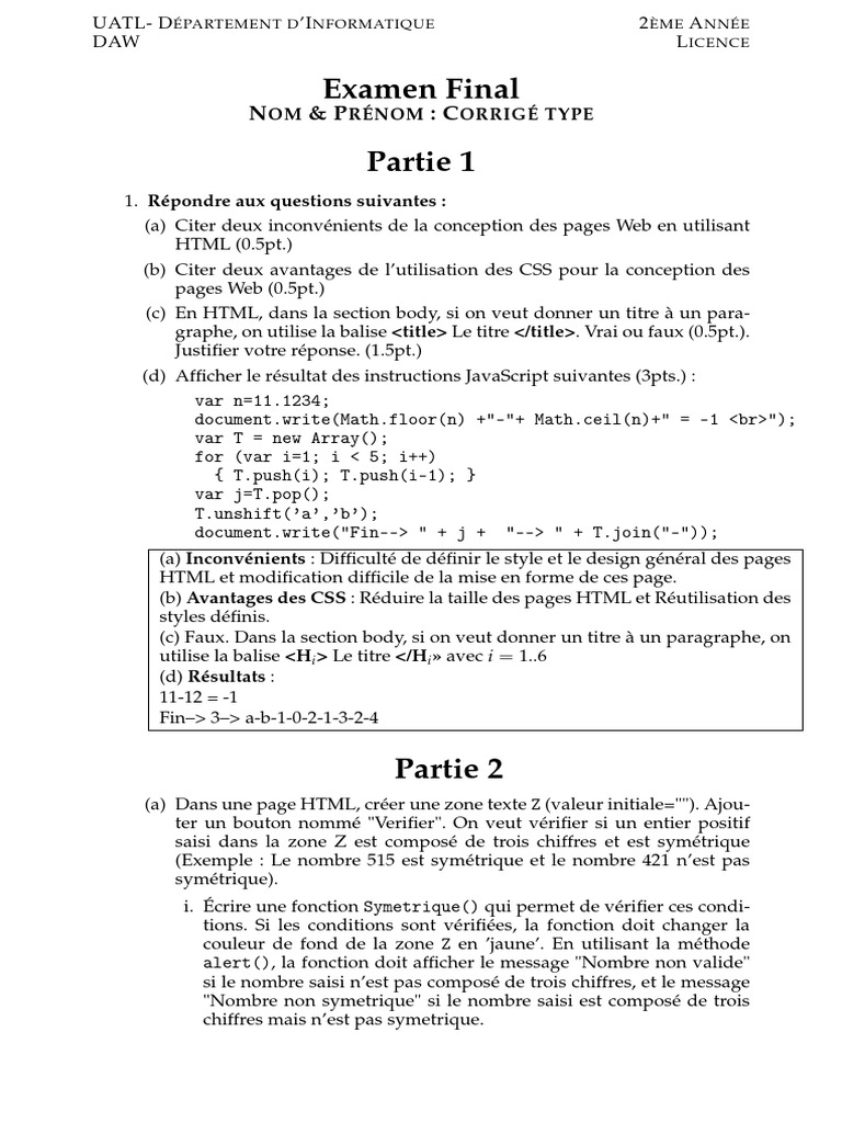 Corrigé Type Examen Informatique 2ème Année | PDF | Html | JavaScript