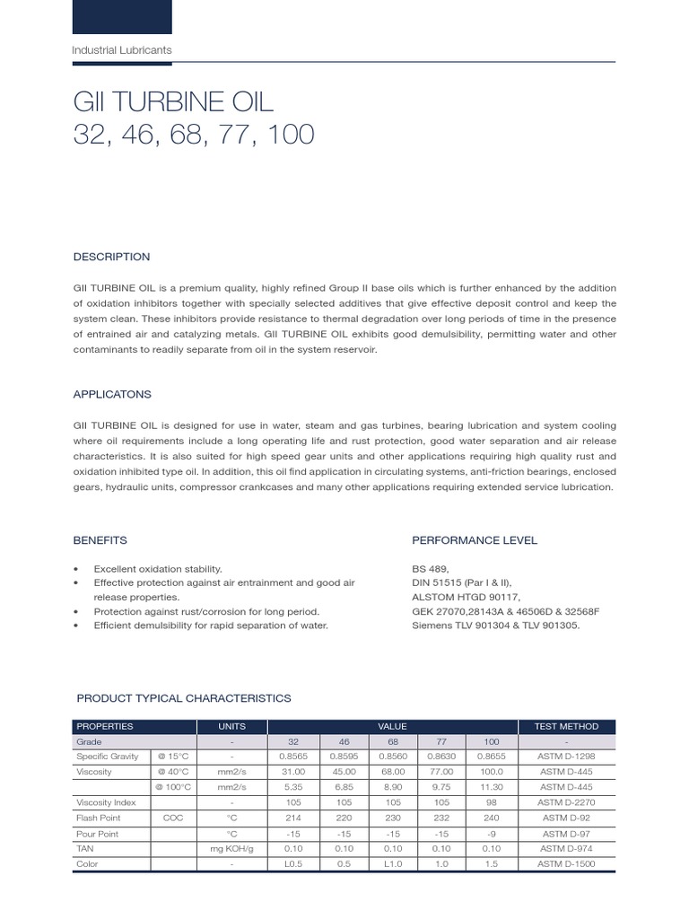 GII Turbine Oil Specifications and Benefits | PDF | Motor Oil | Lubricant