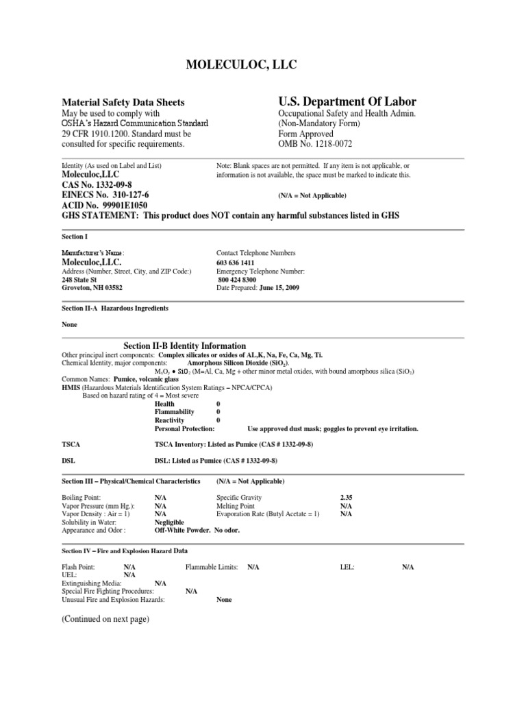 Moleculoc MSDS Sheet | PDF | Silicon Dioxide | Dust