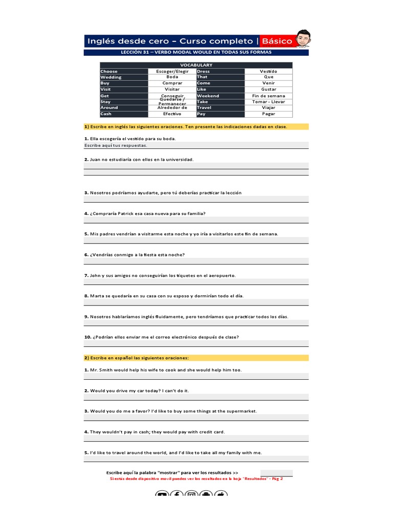 Lección 31 - Verbo Modal Would en Todas Sus Formas | PDF Lección 31 - Verbo Modal Would en Todas Sus Formas | PDF