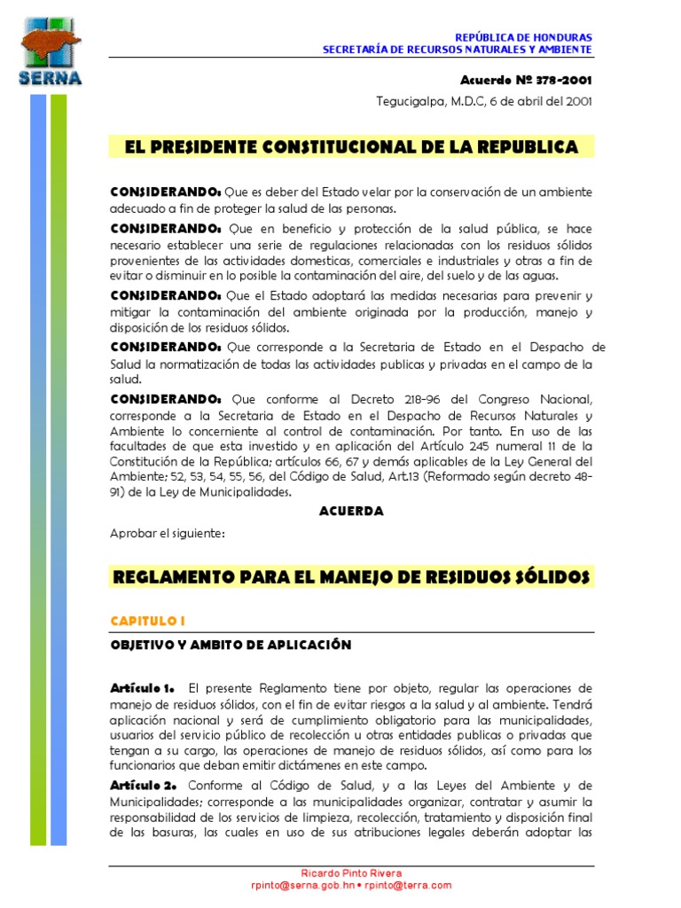 Reglamento Residuos Solidos Honduras | PDF | Residuos | Vertedero