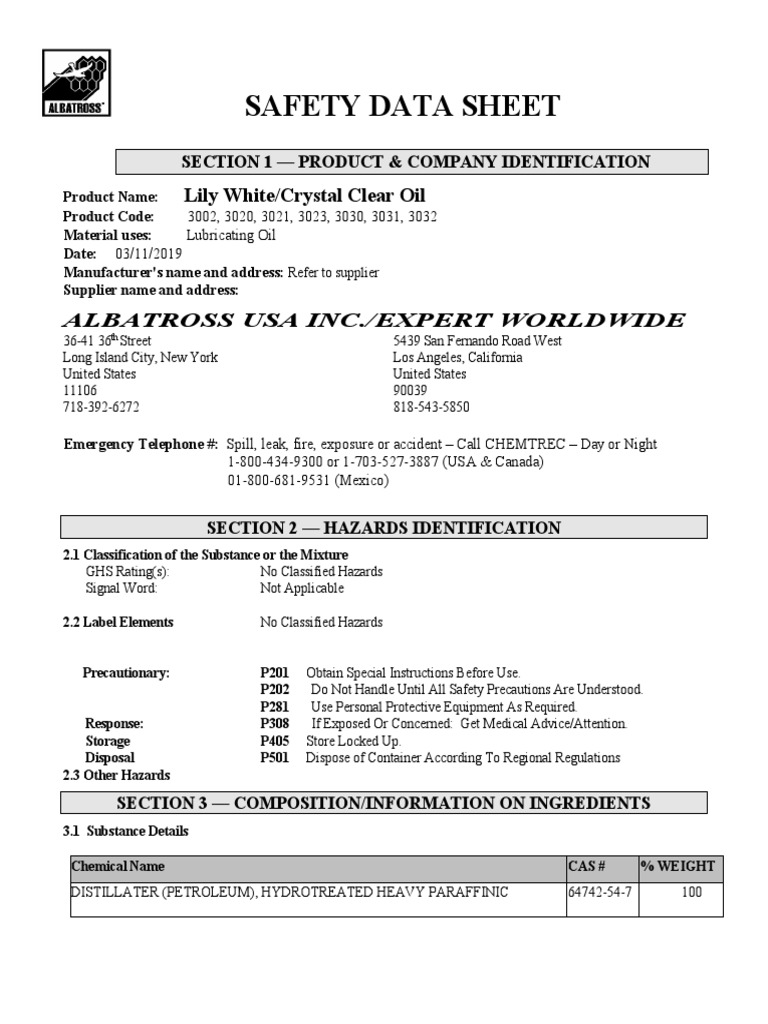 Safety Data Sheet: Lily White/Crystal Clear Oil | PDF | Dangerous Goods | Combustion