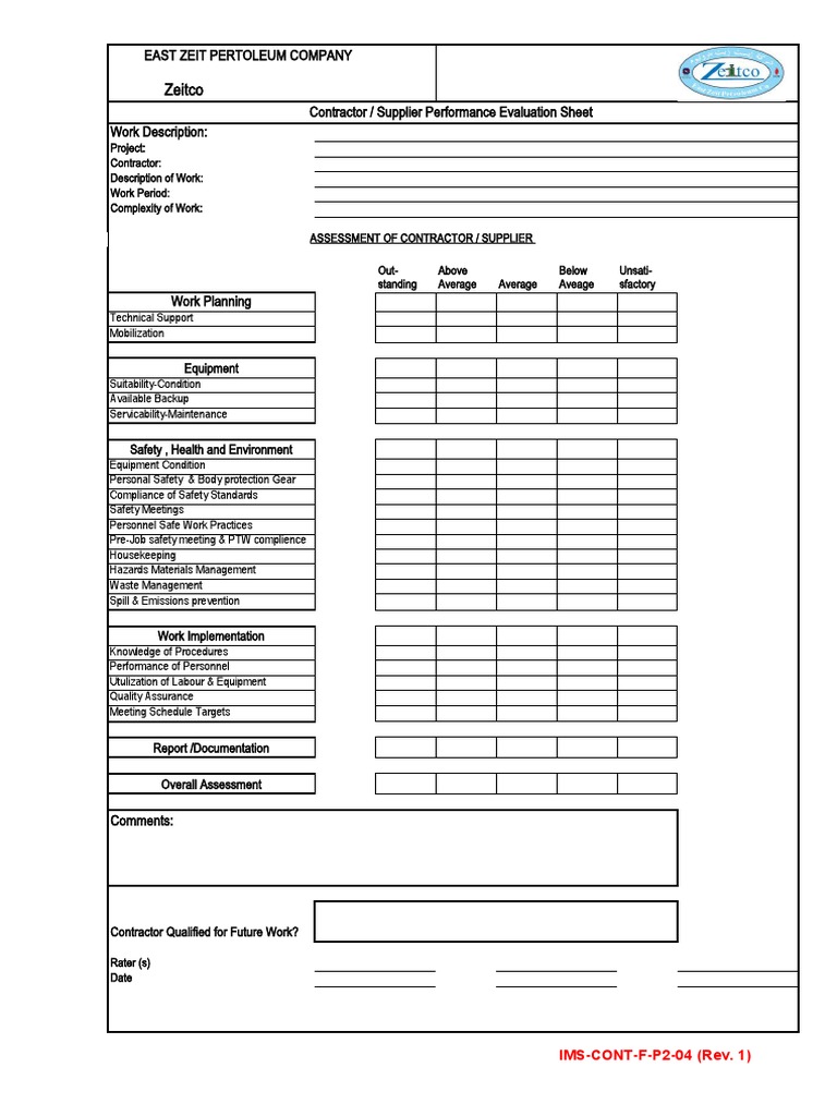 Contractor Performance Evaluation Sheet Form | PDF