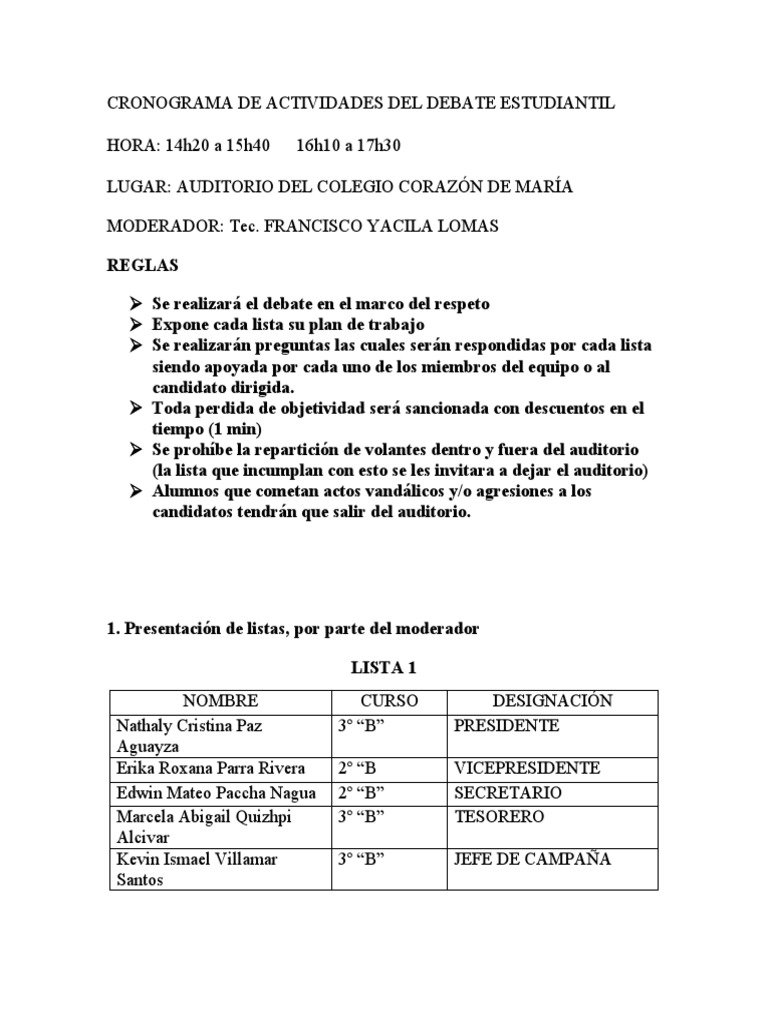 Cronograma de Actividades Del Debate Estudiantil | PDF