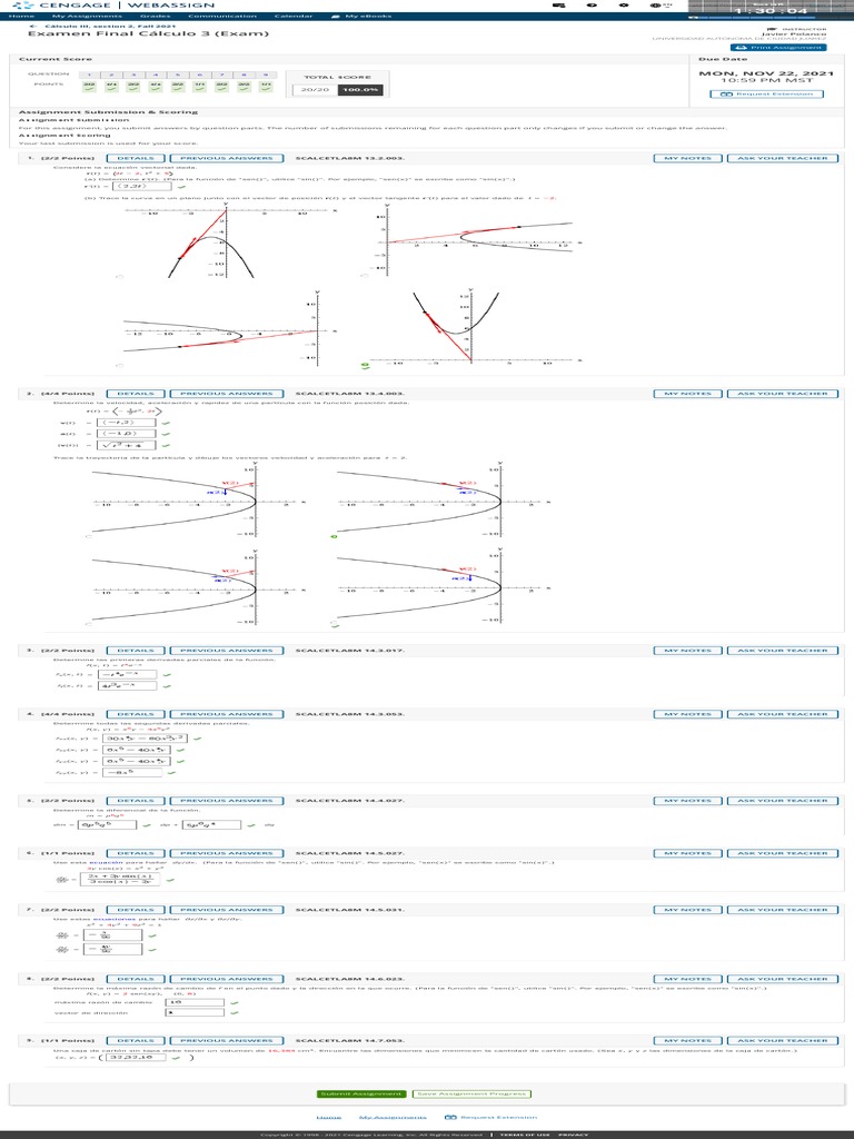 Examen Final Cálculo 3 - C Lculo III, Section 2, Fall 2021 - WebAssign 2 | PDF | Aceleración ...