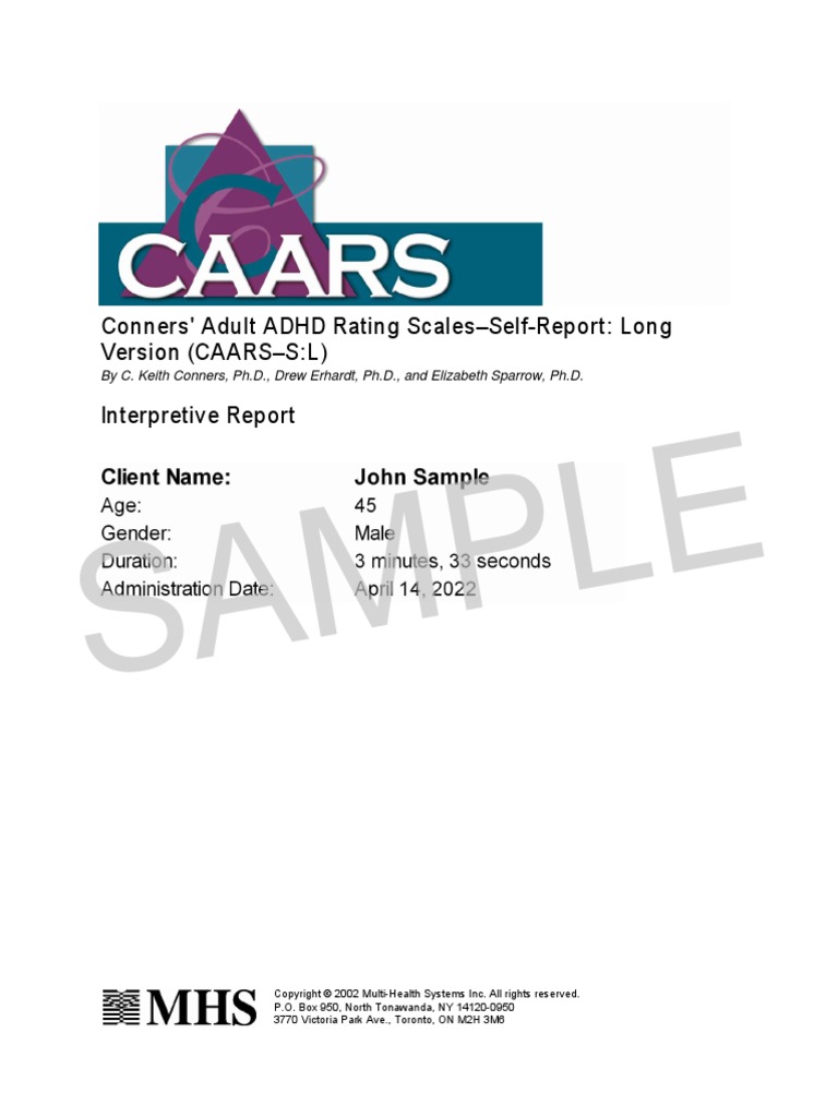 CAARS Self-Report InterpretiveReport Sample | PDF | Attention Deficit ...