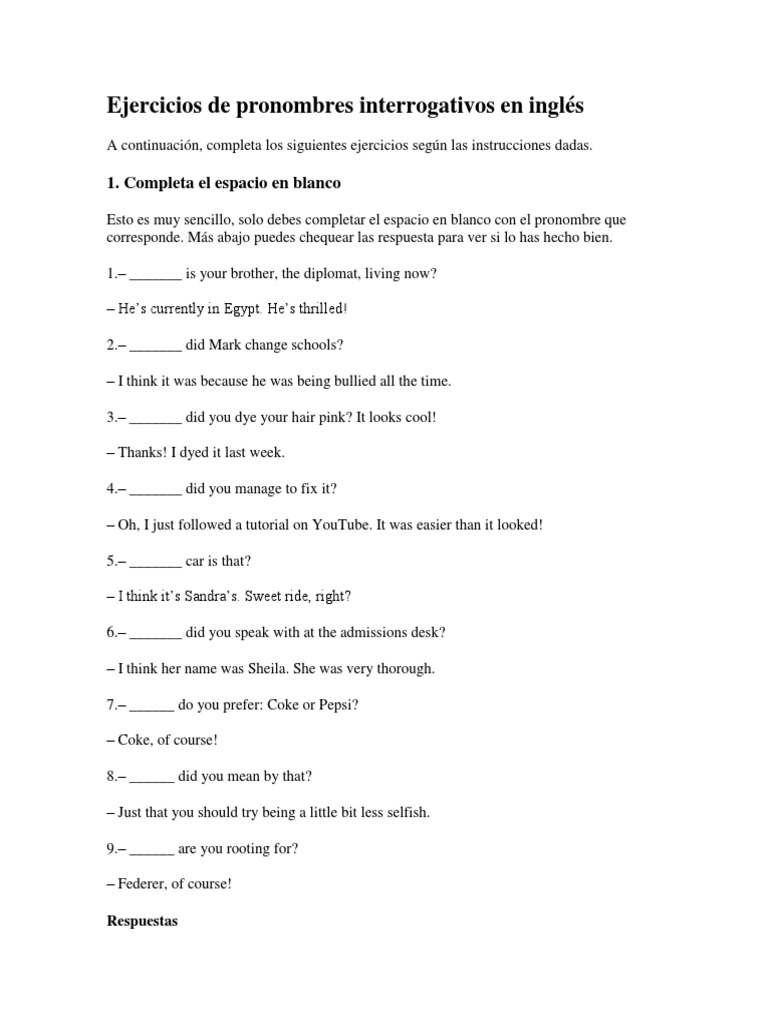 Ejercicios De Pronombres Interrogativos