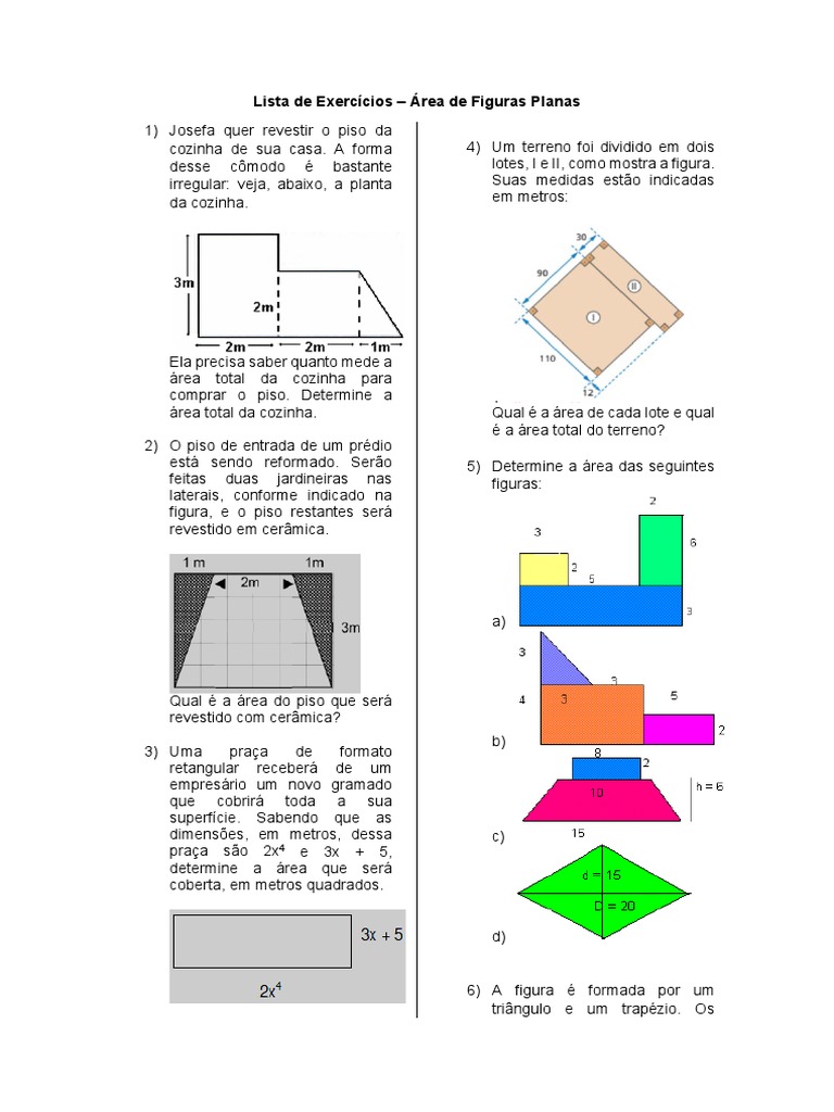 Lista de exercícios sobre cálculo de áreas de figuras planas | PDF