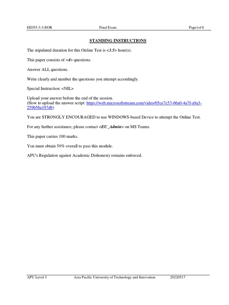 Standing Instructions: EE055-3-3-EOR Final Exam Page1of 6 | PDF | Petroleum Reservoir ...