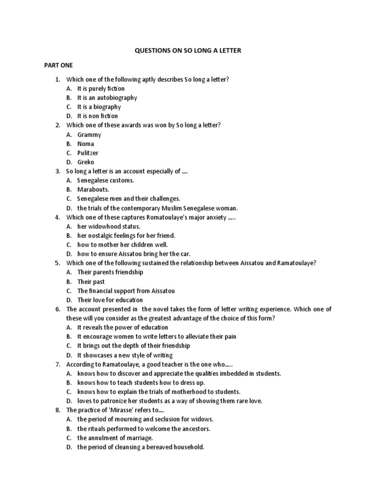 Questions On So Long A Letter Part 1 | PDF