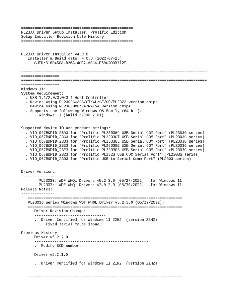PL23XX DriverInstallerv 4.0.8 ReleaseNote | PDF | Device Driver | Installation (Computer Programs)